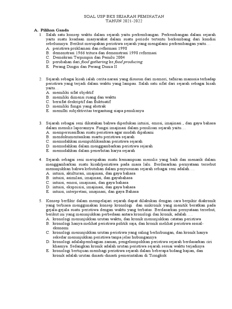 Soal Usp BKS Sejarah Peminatan 2022 | PDF
