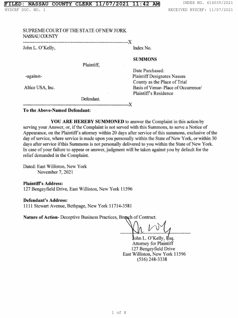 John L O'Kelly V Altice - Legal Complaint 1 | PDF | Complaint | Summons