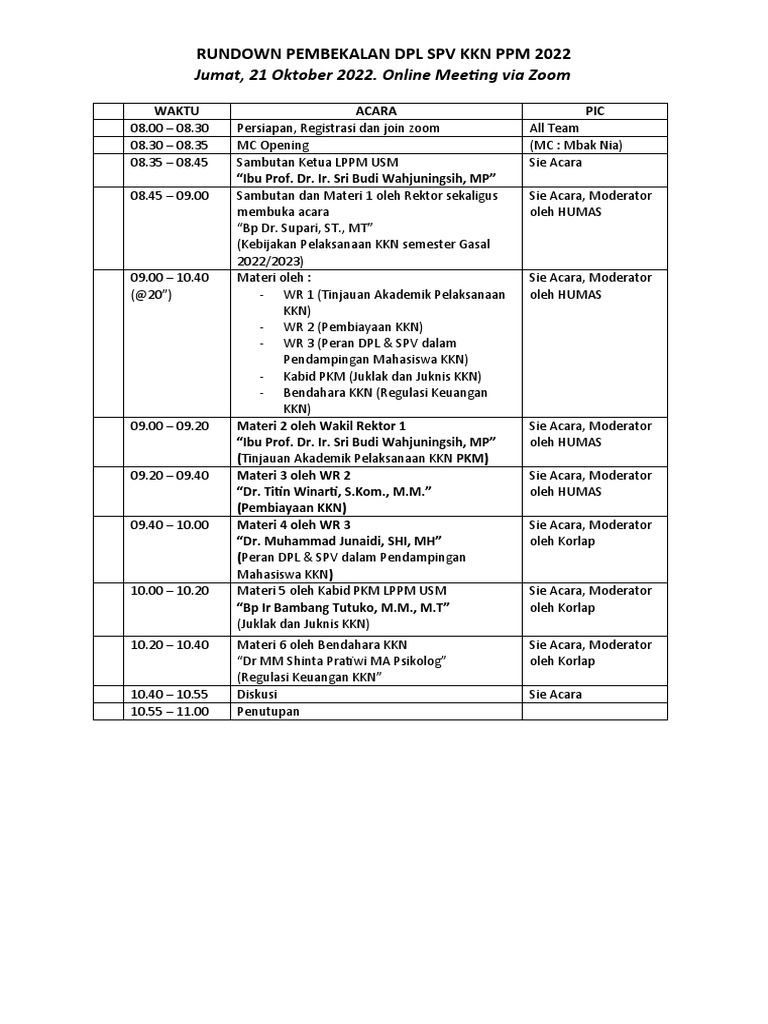Rundown Pembekalan KKN PPM 2022 | PDF