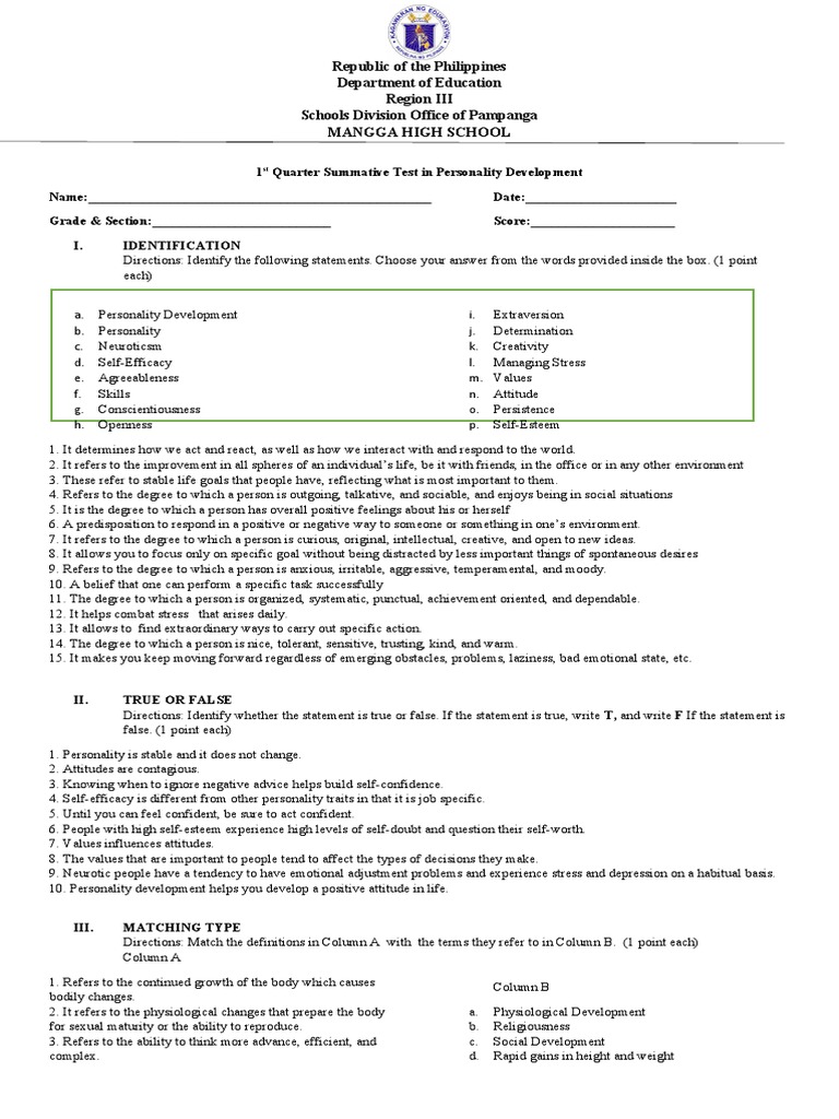 Perdev 1ST Quarter | PDF | Self Esteem | Attitude (Psychology)