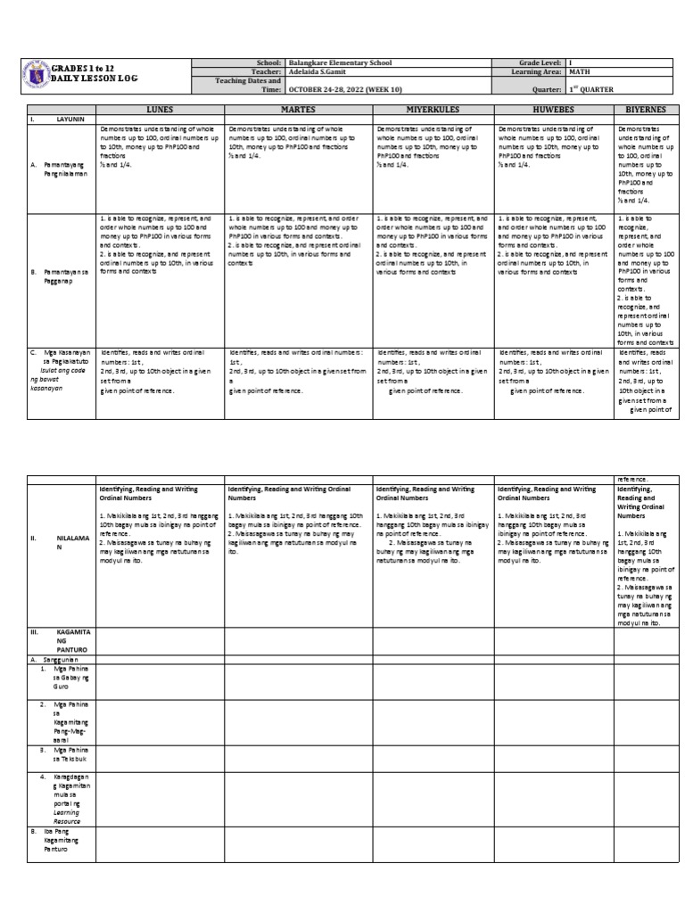 DLL - Math 1 - Q1 - W10 | PDF | Differentiated Instruction DLL - Math 1 - Q1 - W10 | PDF | Differentiated Instruction