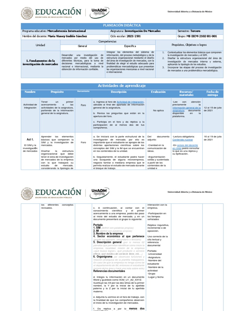 U1 Planeación Didáctica MI-IICM-2102-B1-001 | PDF | Investigación de mercado | Planificación