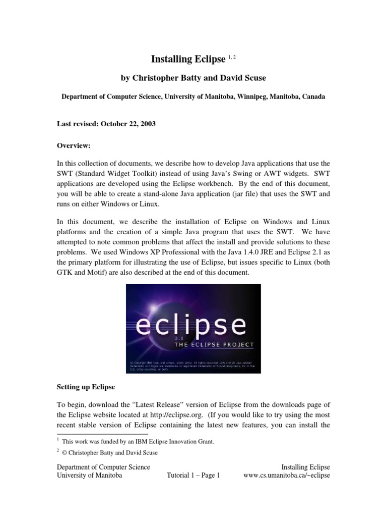 Installing Eclipse: by Christopher Batty and David Scuse | PDF | Eclipse (Software) | Java ...