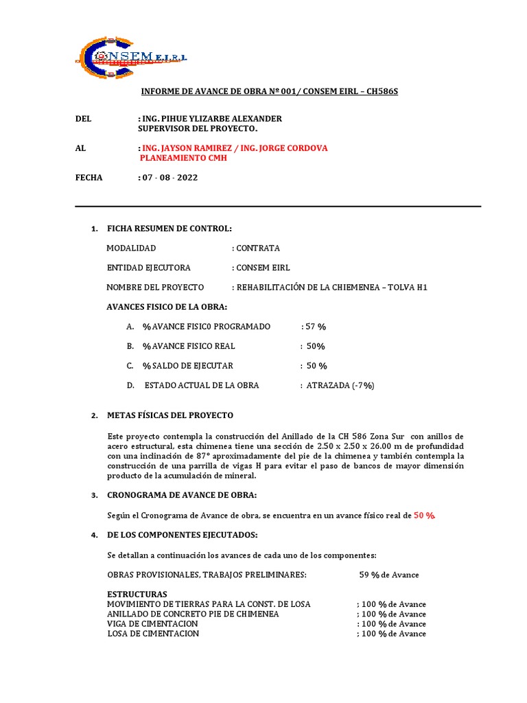 Informe de Avance de Obra - CH 586 Sur | PDF
