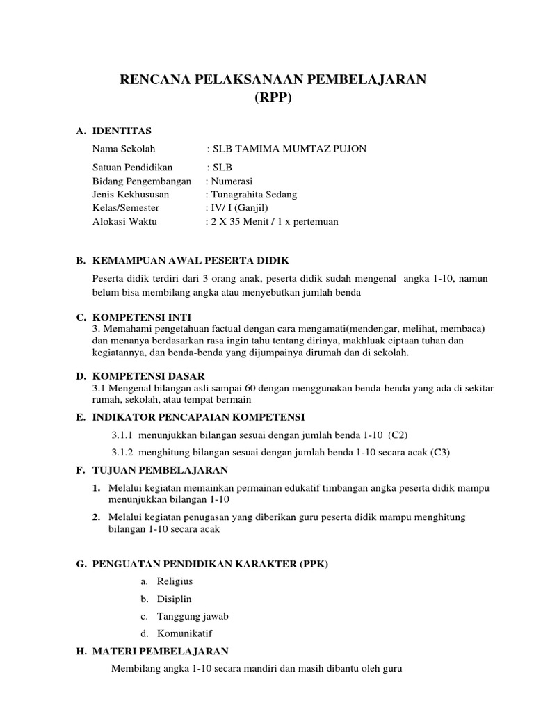 RPP Berhitung Kelas 1-10 Tunagrahita | PDF | Karier & Perkembangan