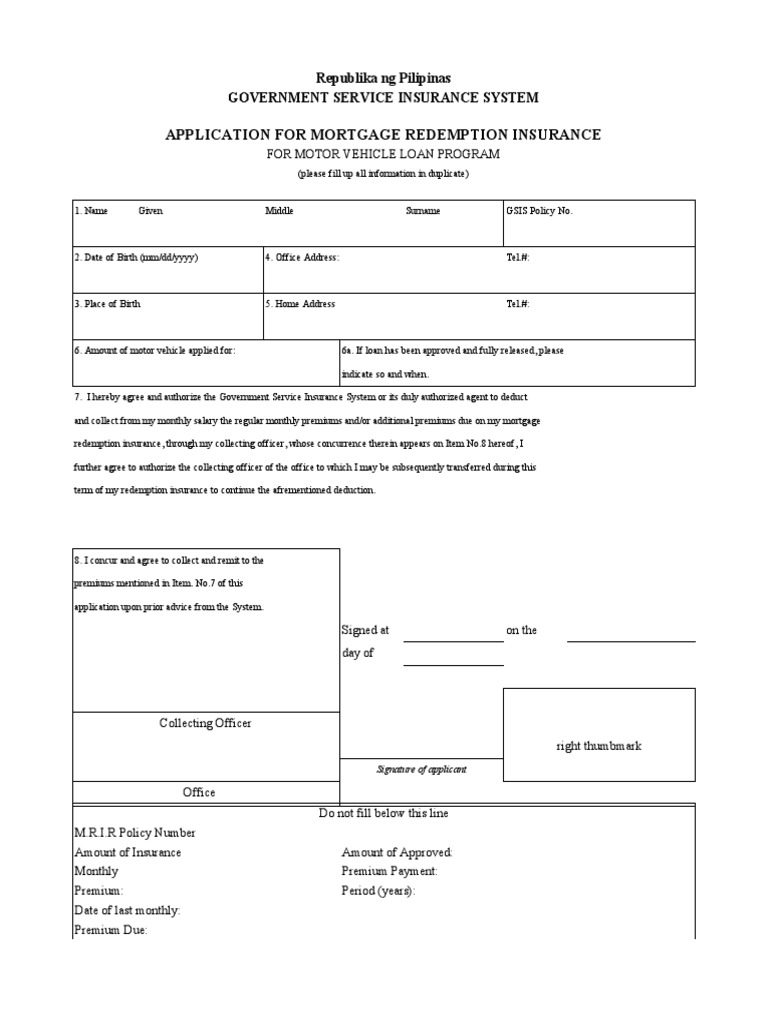 GSIS Mortgage Redemption Insurance Application | PDF | Insurance ...