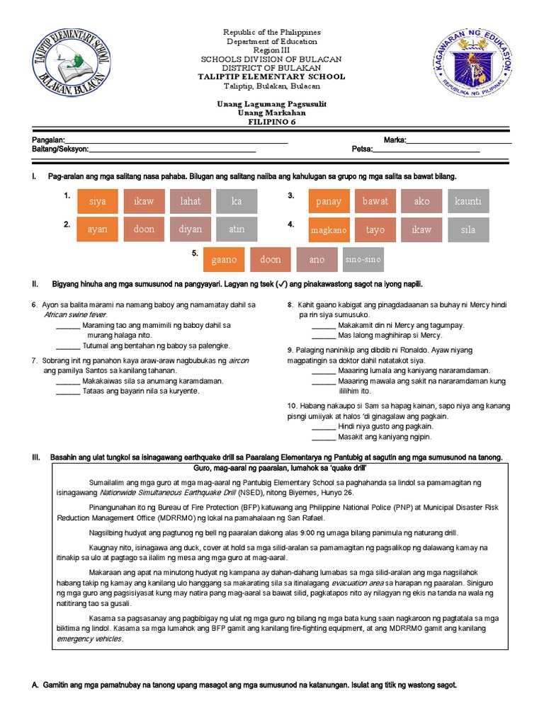 Filipino-6 - Unang Lagumang Pagsusulit - Unang Markahan | PDF