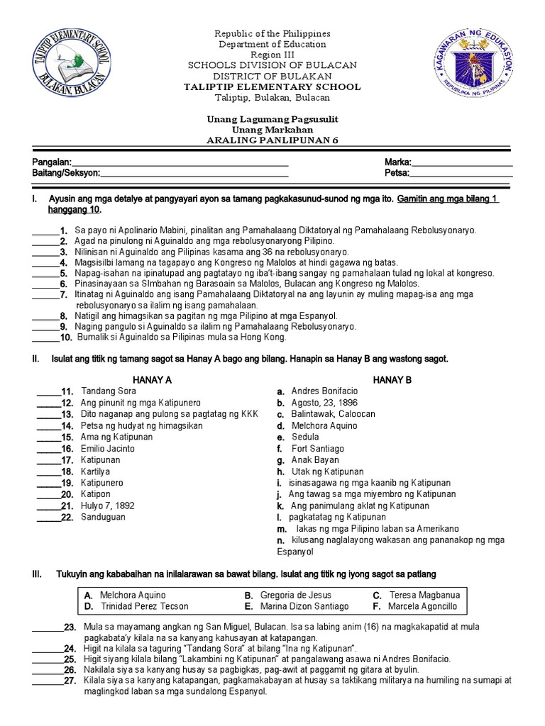Ap-6 - Unang Lagumang Pagsusulit - Unang Markahan | PDF
