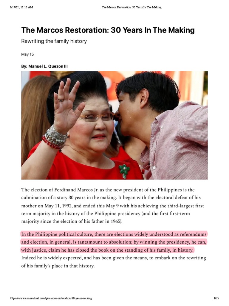Quezon - The Marcos Restoration (Asian Sentinel) | PDF | Corazon Aquino ...