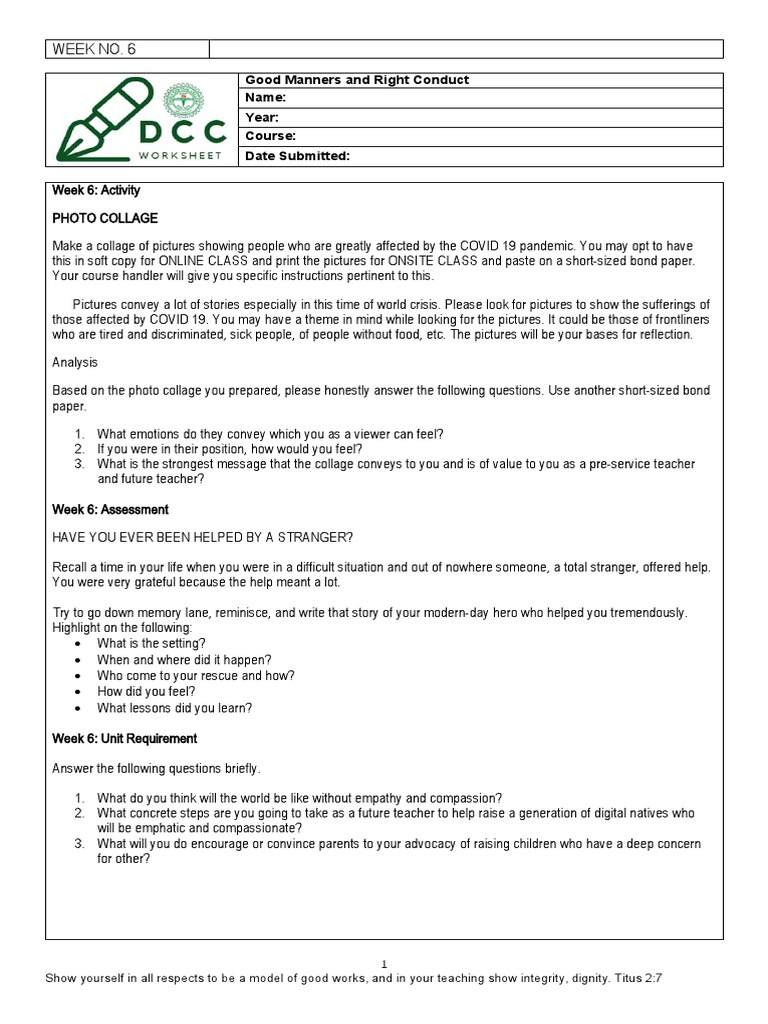 Worksheet Week 6 | PDF | Compassion | Teachers