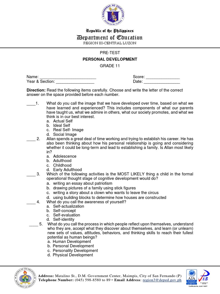 Grade 11 Personal Development Pre-Test | PDF | Developmental Psychology ...