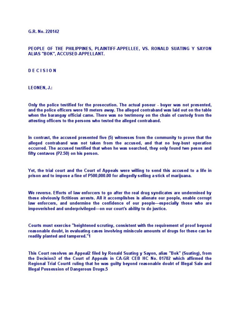 G.R. No. 220142 PP Vs RONALD SUATING Y SAYON | PDF | Burden Of Proof (Law) | Evidence (Law)