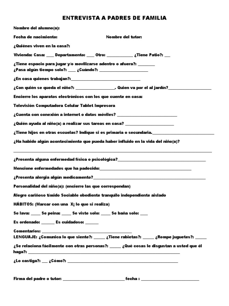 Entrevista A Padres de Familia Formato Preescolar | PDF