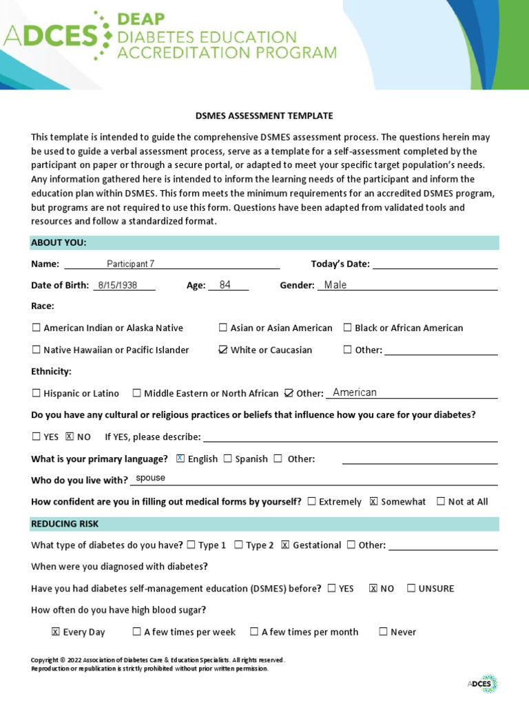 DSMES Assessment Template (Chart 7) | PDF | Race And Ethnicity In The ...