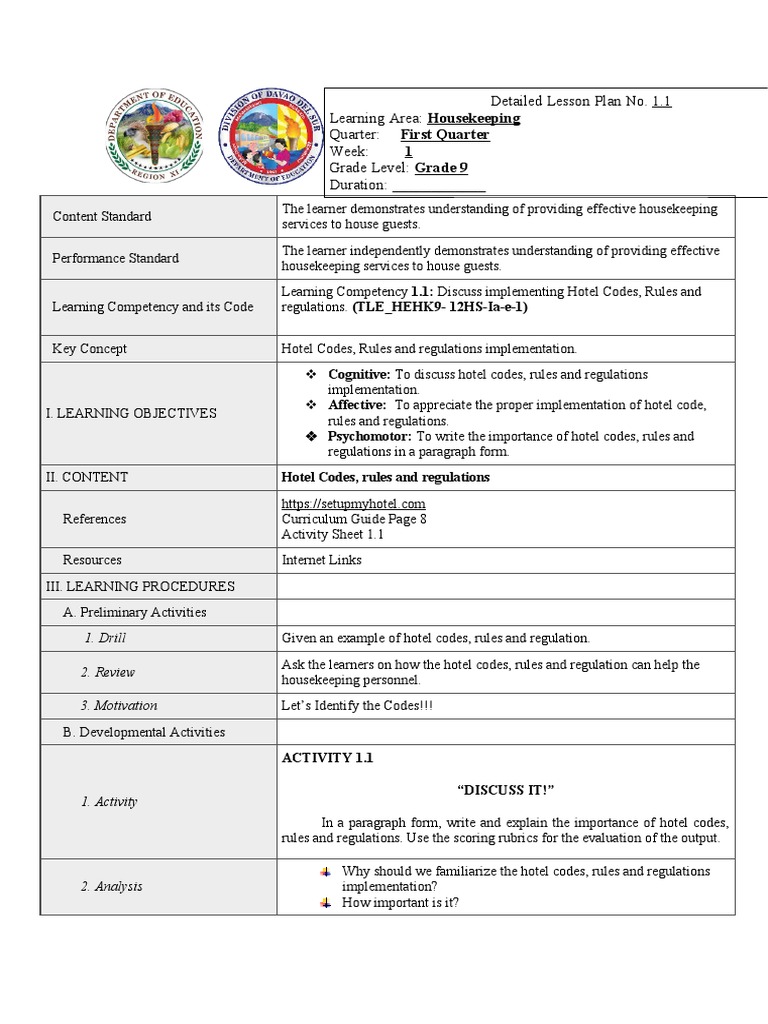 Q1 Wk1 DLP - Housekeeping | PDF | Learning | Rubric (Academic)