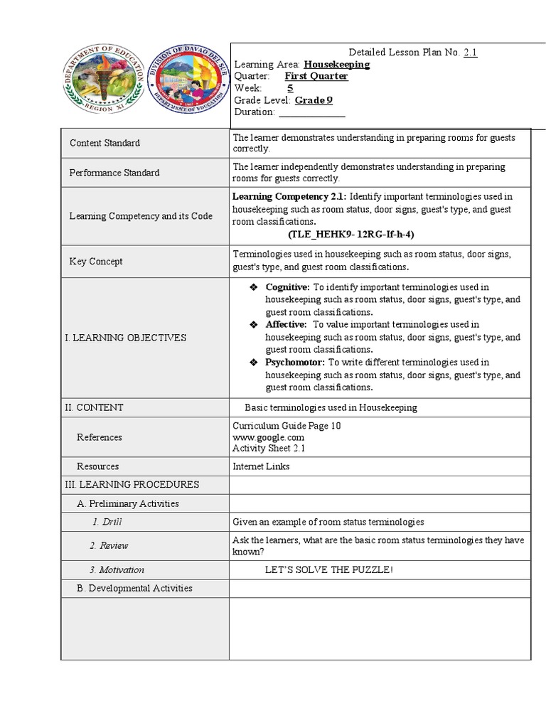 Q1 Wk5 DLP - Housekeeping | PDF | Learning | Lesson Plan