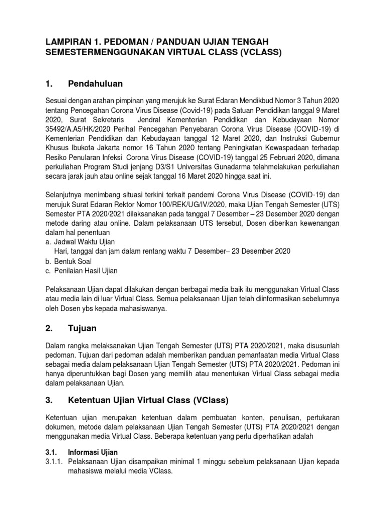 Lampiran 1. Pedoman UTS VClass PTA 2021 | PDF