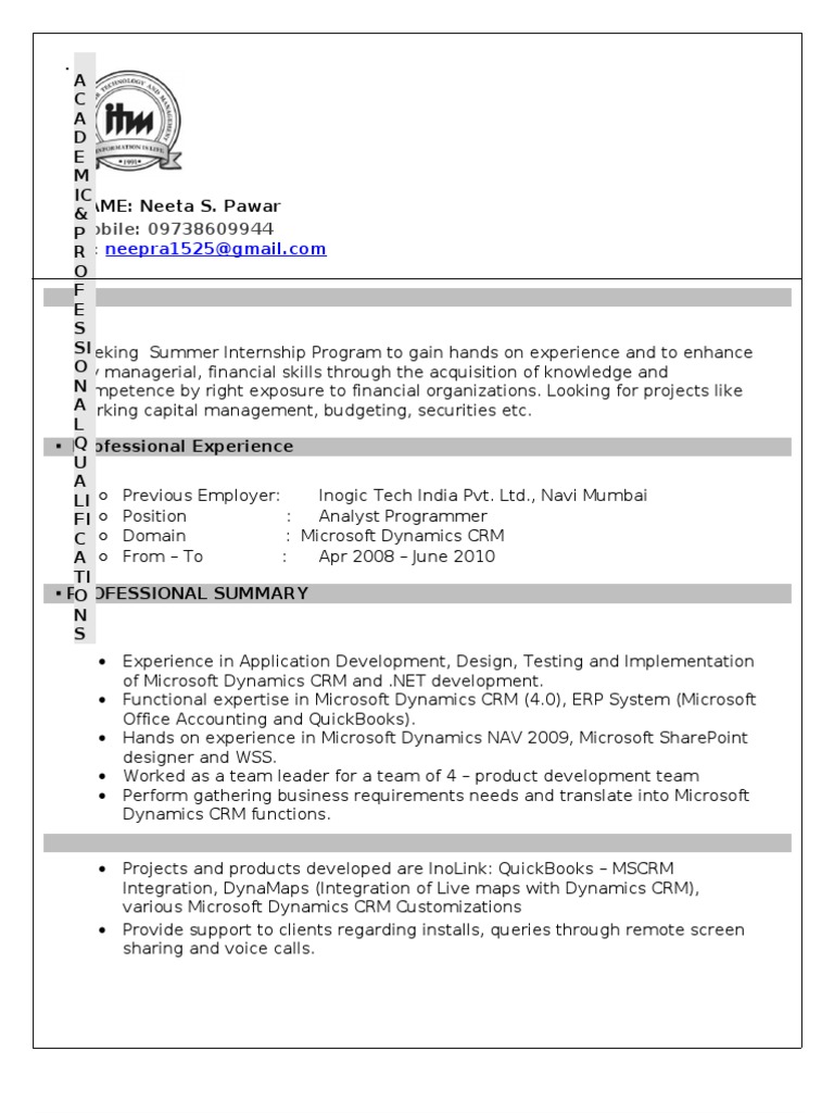 Neeta Resume | Microsoft | Internet Information Services