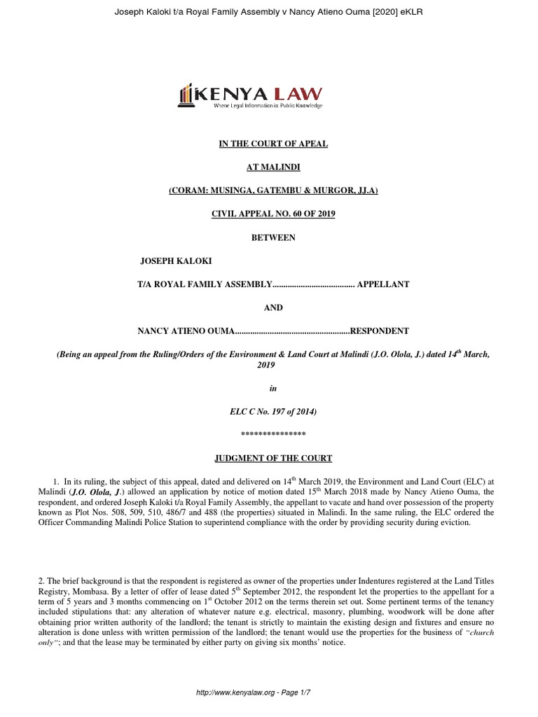 Joseph Kaloki t/a Royal Family Assembly v Nancy Atieno Ouma Court ...