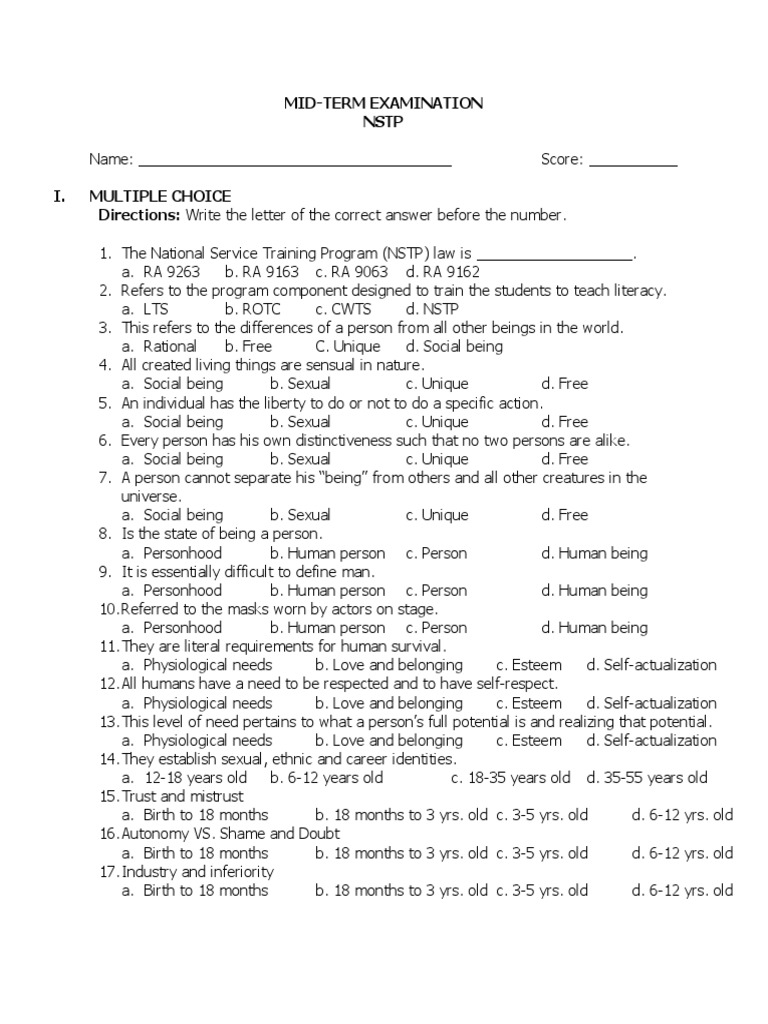 Nstp-Cwts Midterm Exam Oct. 2022 | PDF | Thought | Self Esteem