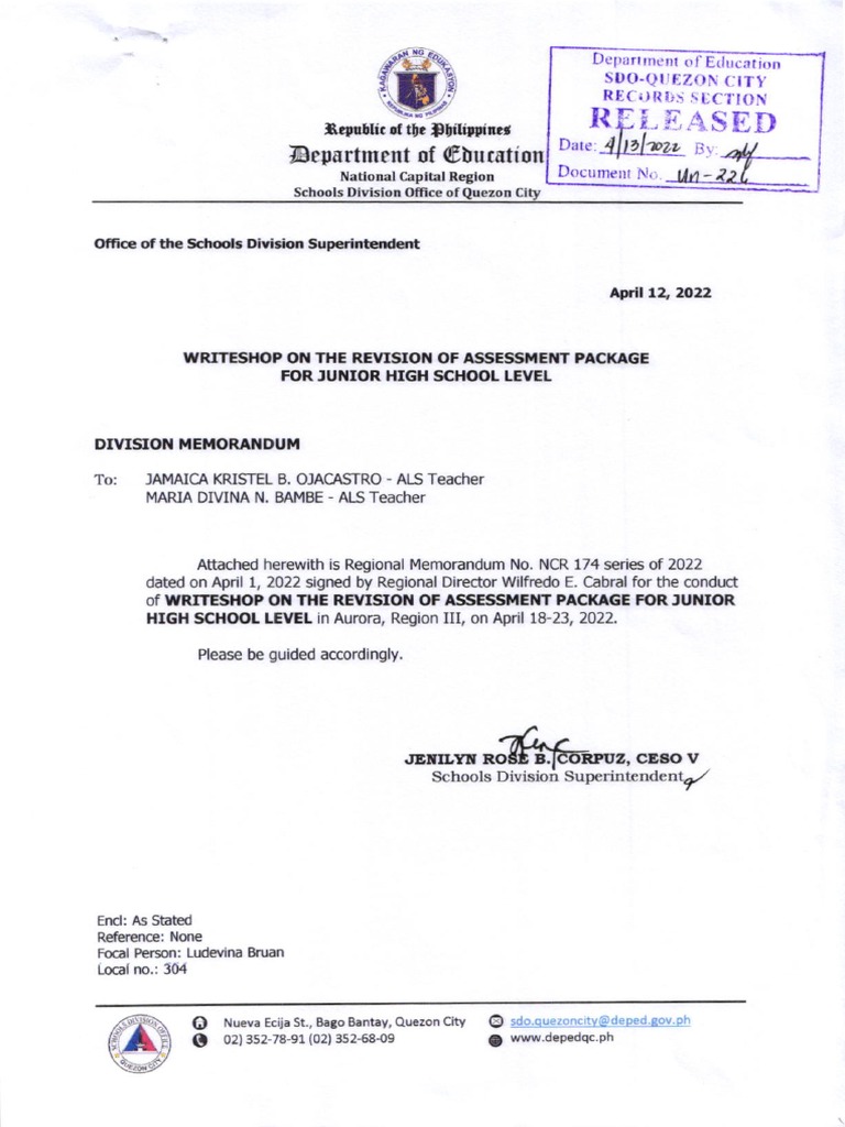 Writeshop On The Revision of Assessment Package For Junior High School ...
