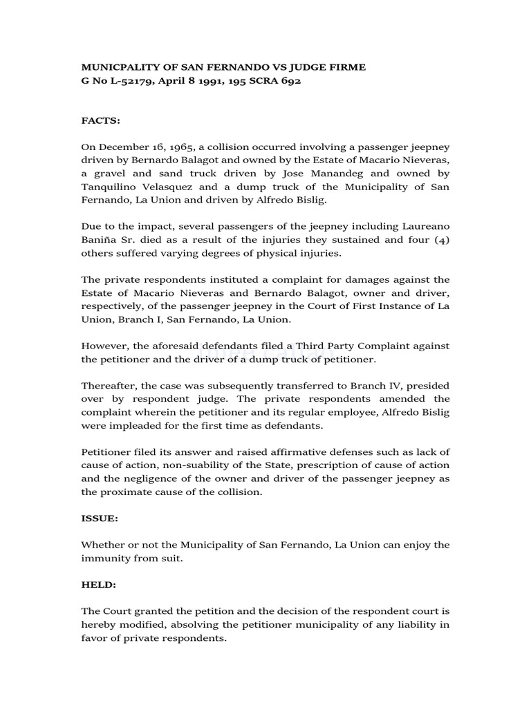 Municipality of San Fernando VS Judge Firme - Doctrine of Non Suability ...