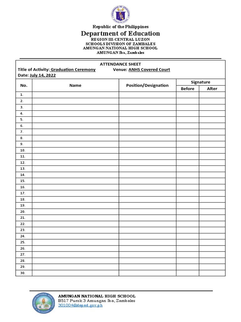 ANHS Graduation Attendance Sheet | PDF