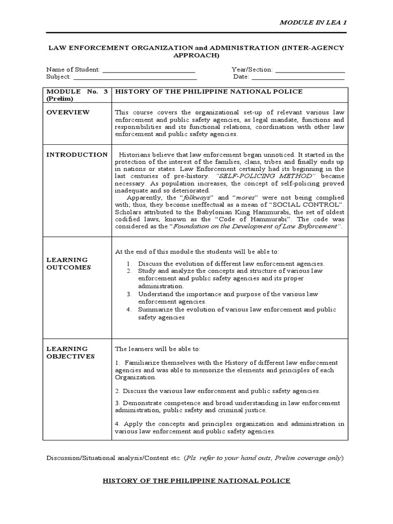 Lea 101 Module 3 (Prelim) | PDF | Law Enforcement Agency | Philippines