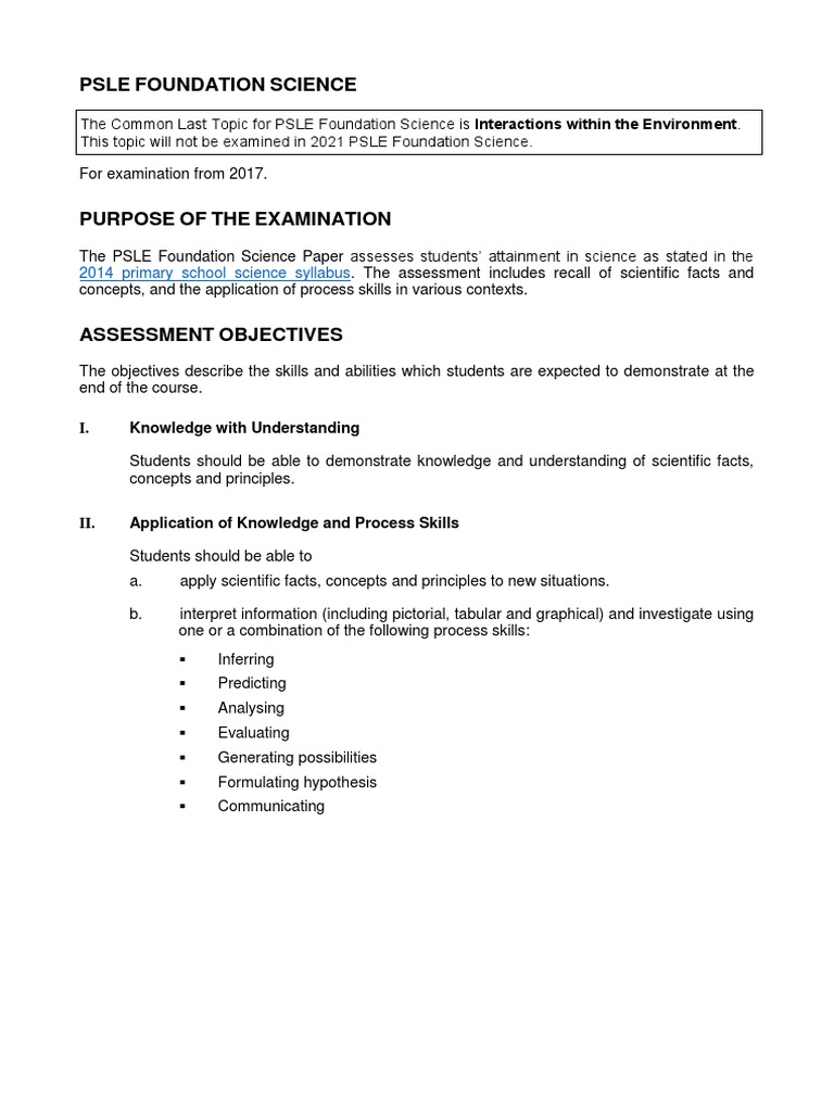 PSLE Foundation Science Exam Overview | PDF | Test (Assessment) | Science