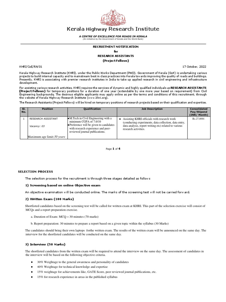 Recruitment of Research Assistants for Temporary Positions to Assist ...