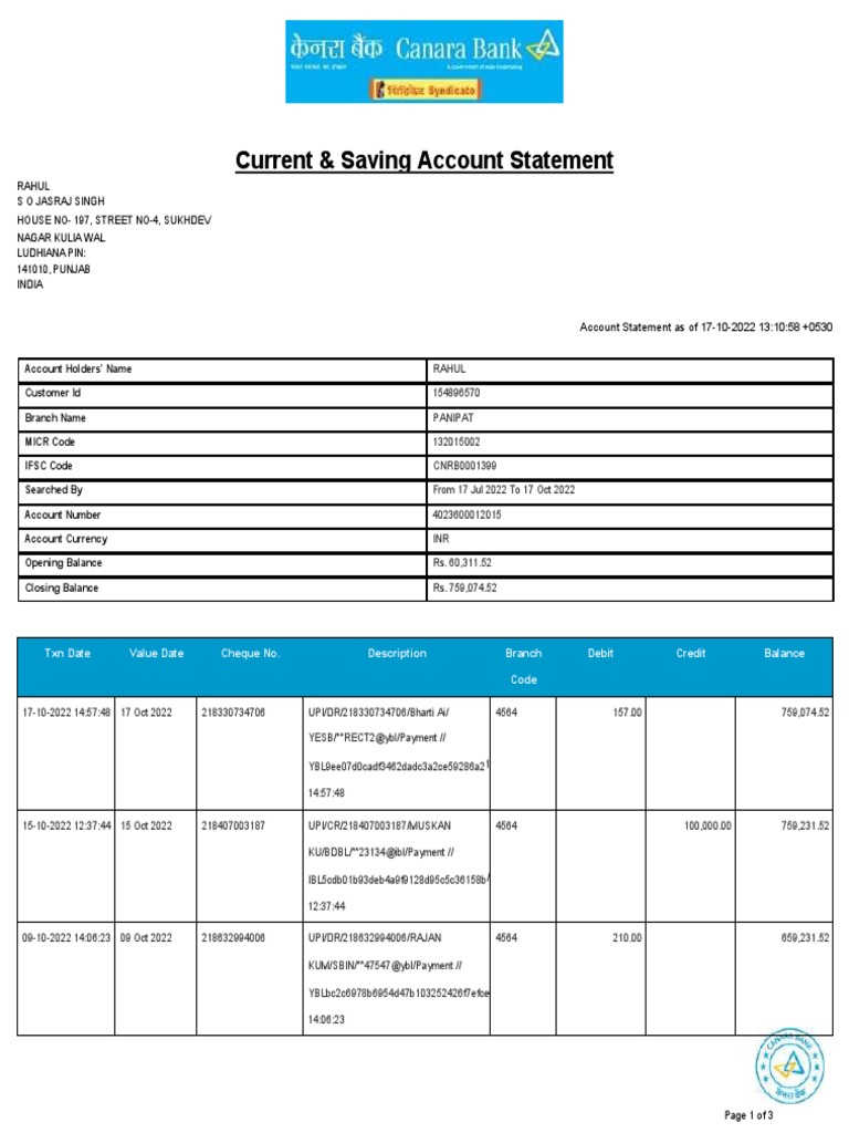 RAHUL CANRA BANK STATEMENT | PDF | Payments | Debits And Credits