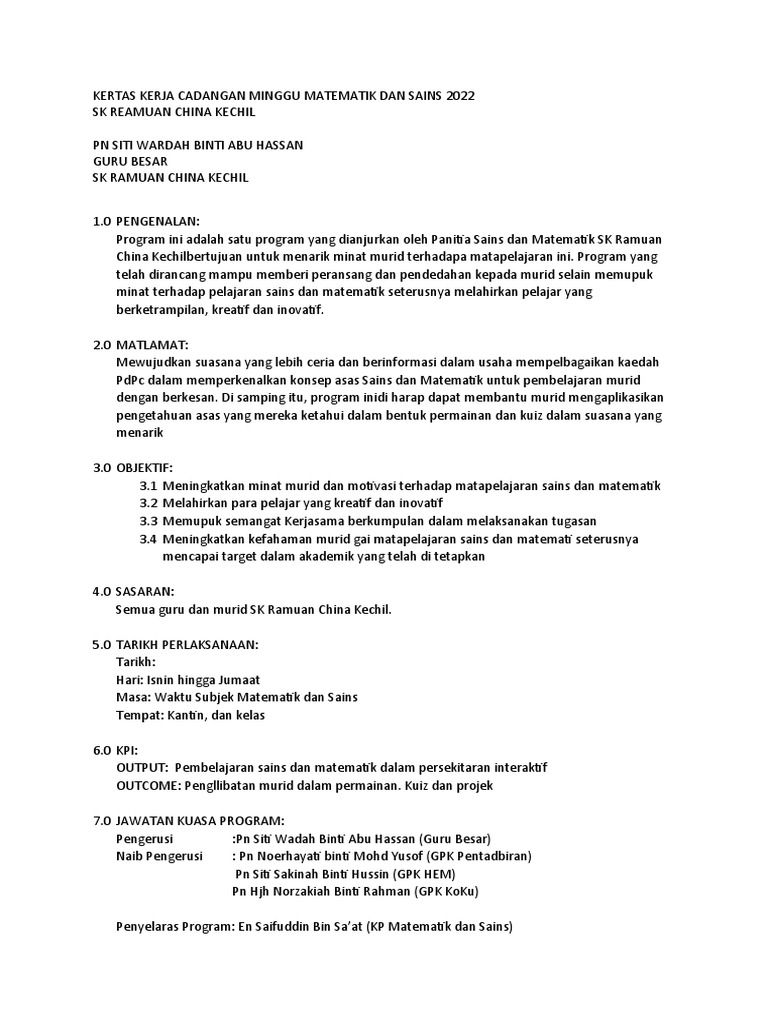 Kertas Kerja Minggu Matematik Dan Sains 2022 | PDF