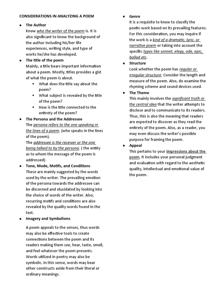 Considerations in Analyzing A Poem | PDF | Poetry