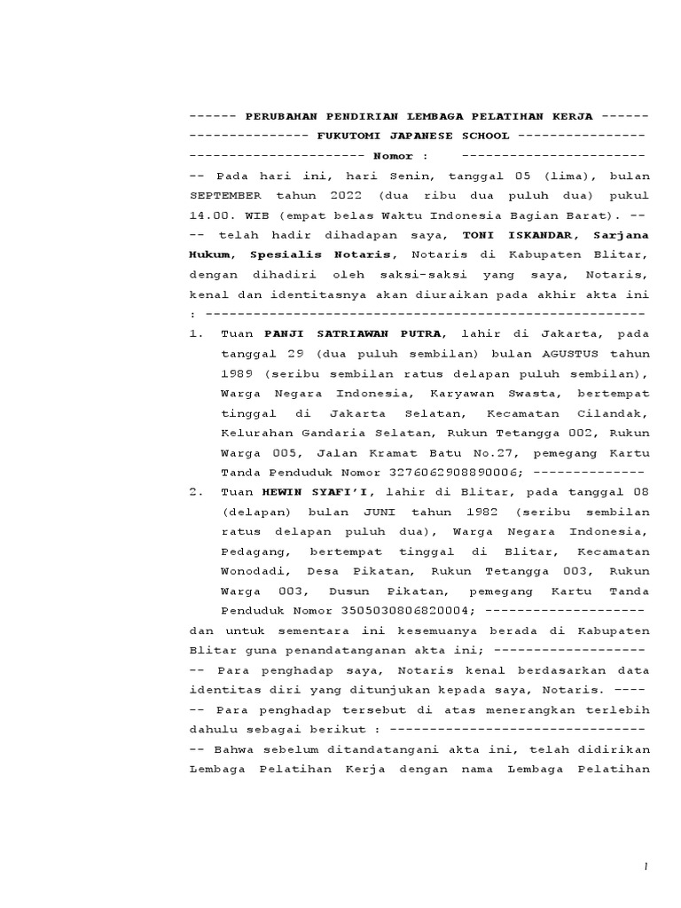 Contoh AKTA PERUBAHAN Perseroan Terbatas | PDF