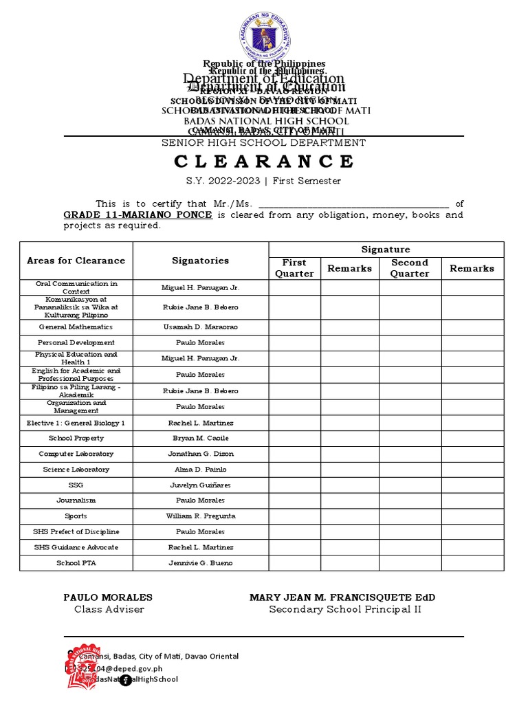 SHS School Clearance SY 2022 2023 | PDF | Science