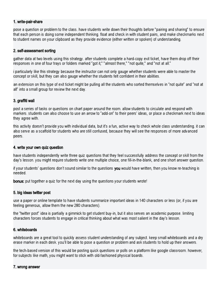 Formative Assessment Activity Examples | PDF | Understanding | Cognition