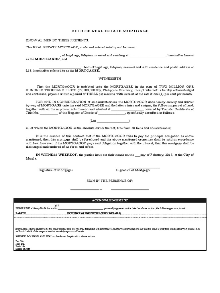 Real Estate Mortgage Deed Template | PDF | Mortgage Law | Business Law