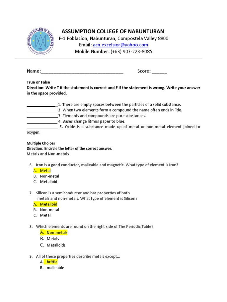 TOS Test Question | PDF | Mixture | Metals