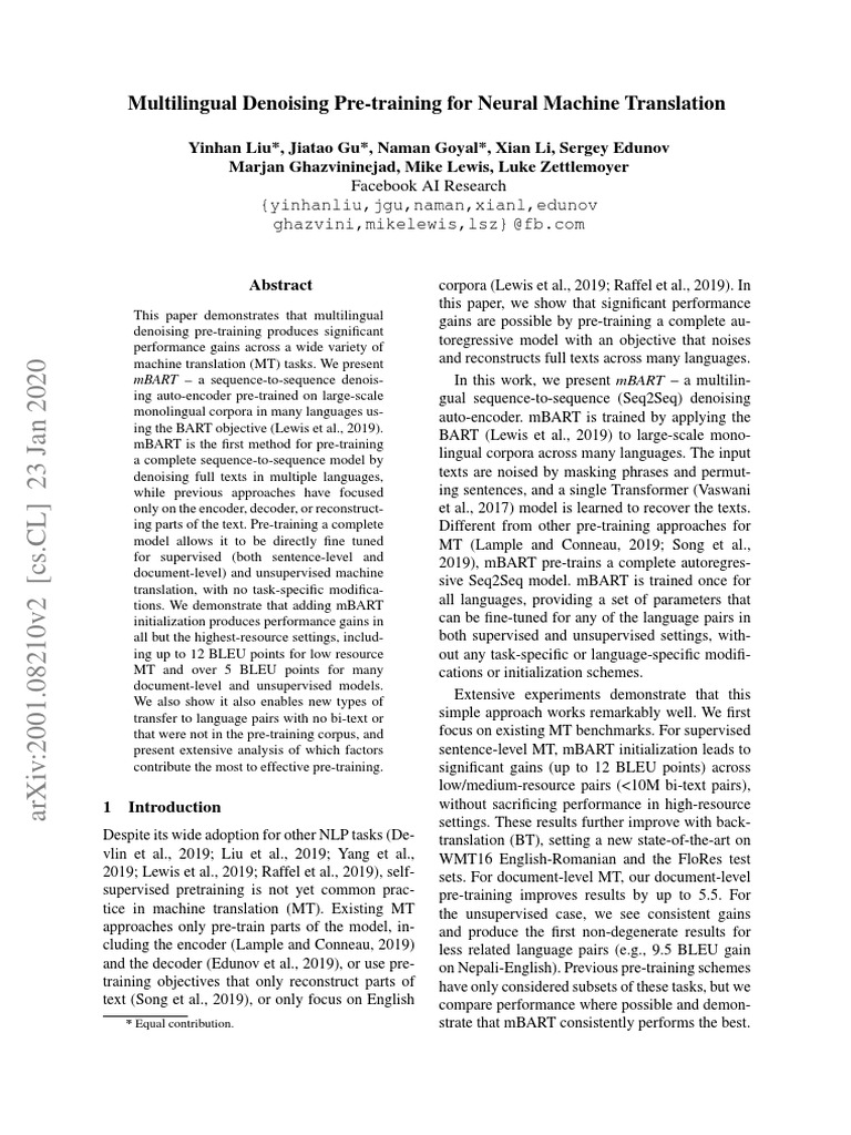 Multilingual Denoising Pre-Training For Neural Machine Translation | PDF | Cognitive Science ...