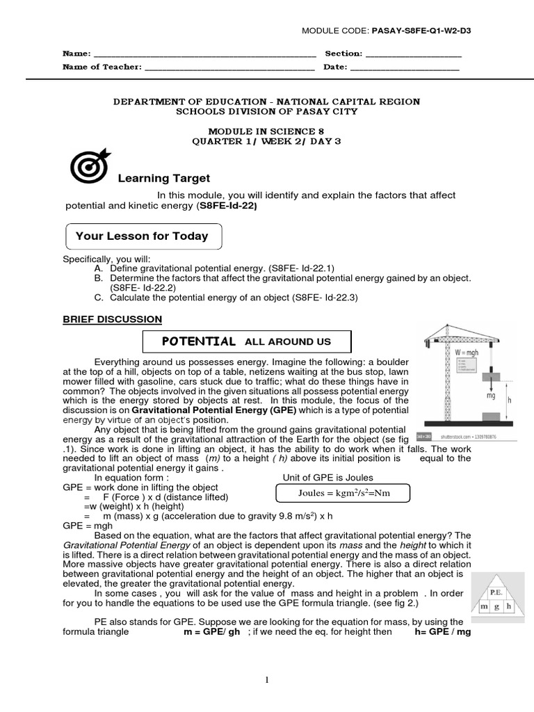 Pasay Science8 Q1 W2 D3 | PDF | Potential Energy | Mass