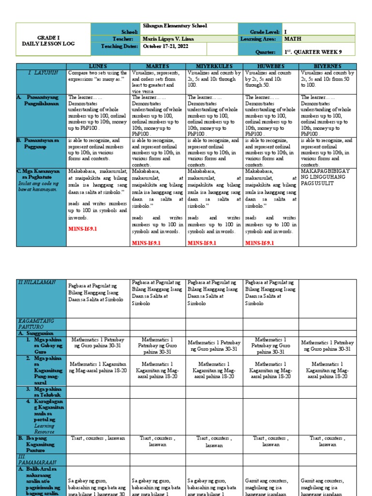 DLL Mathematics-1 Q1 W5 | PDF | Learning | Behavior Modification