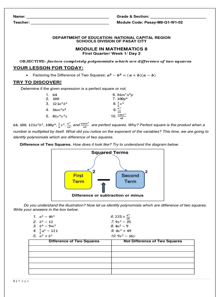 Factoring Difference of Two Squares | PDF