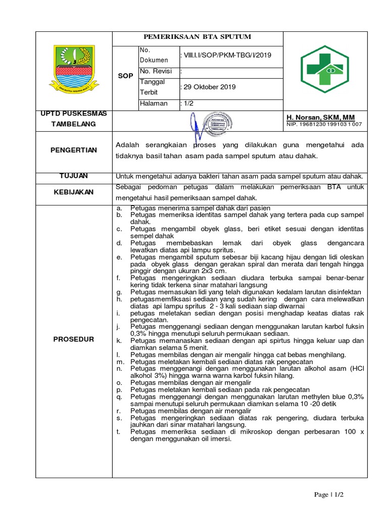 Sop Pemeriksaan Bta Sputum | PDF
