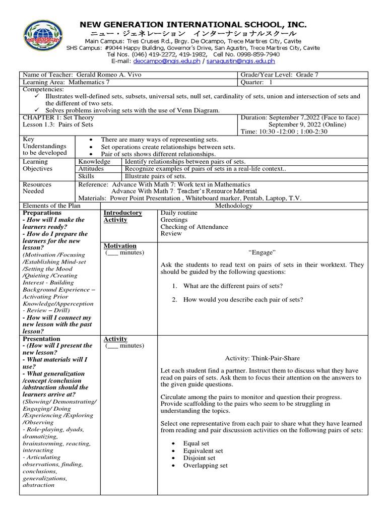 IPLAN M7Lesson1.3 VIVO | PDF | Set (Mathematics) | Cognitive Psychology