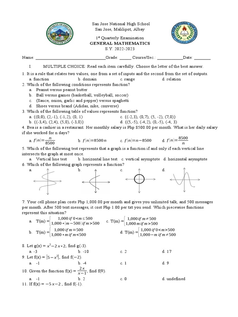 Gen Math 1ST Q Exam 2 | PDF | Function (Mathematics) | Speed