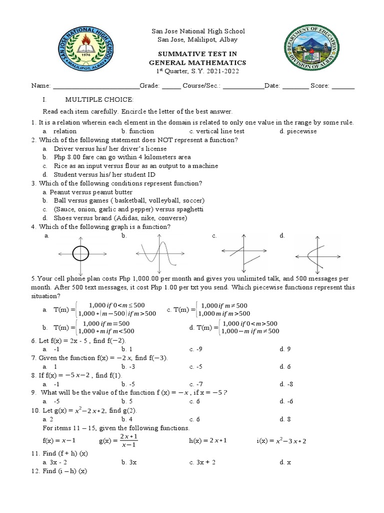 Gen Math Summative Test 1st Quarter | PDF | Asymptote | Function ...