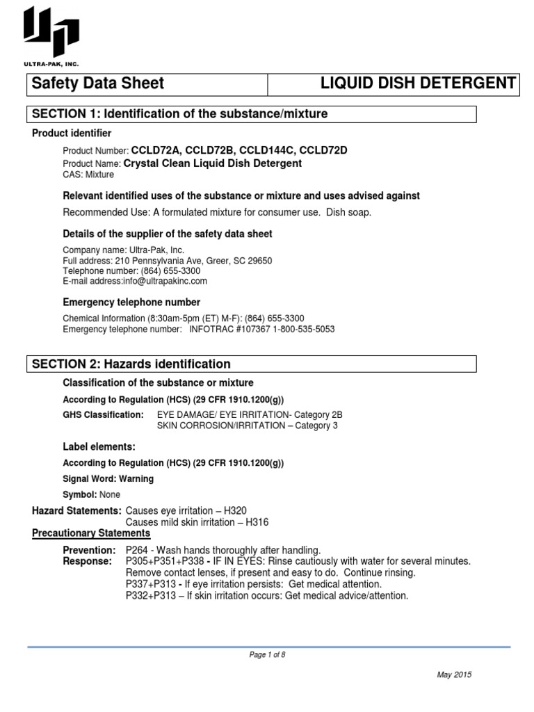 SDS For Diswashing Liquid | Download Free PDF | Personal Protective ...