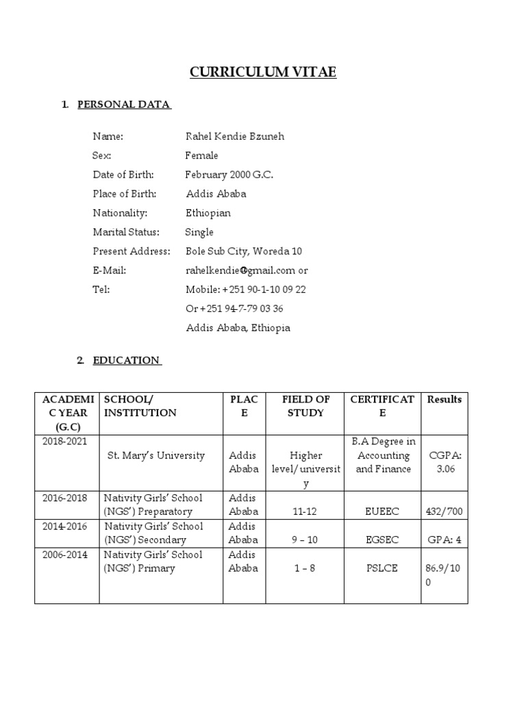 CV Rahel Kendie Bzuneh's curriculum vitae | PDF