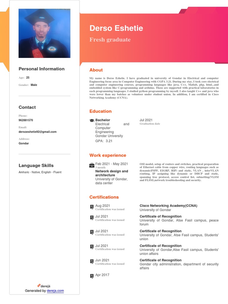 Derso Dereja CV | Download Free PDF | Computer Network | Cisco Certifications