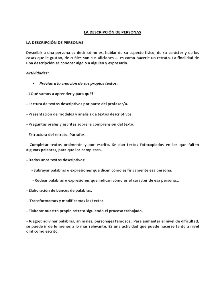 Descripción de Personas Animales y Paisajes PLC EE 2º Ciclo | PDF ...
